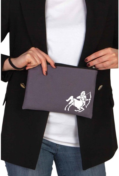 Pamusan Burç Baskılı Kanvas Clutch Çanta - Yay Burcu Antrasit Pamusan Burç Baskılı Kanvas Clutch Çanta - Yay Burcu Antrasit
