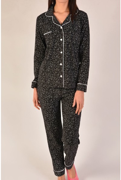 Nicoletta Siyah Kadın Pijama Takımı Uzun Kollu Düğmeli Cepli Pamuk Nicoletta Siyah Kadın Pijama Takımı Uzun Kollu Düğmeli Cepli Pamuk