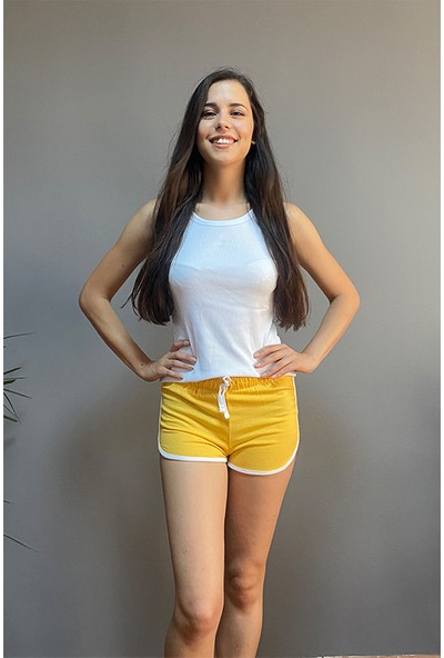 Esepetim Kadın Sweatshirt Spor Mini Lastikli Şort Sarı (S)