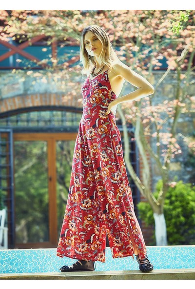 Clandestino Çiçek Desenli Askılı Şık Tulum Kırmızı