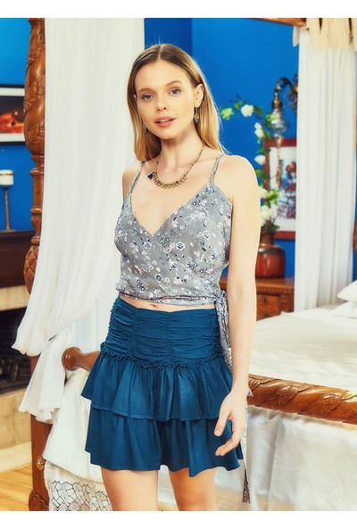 Clandestino Fırfır Detaylı Mini Etek Lacivert