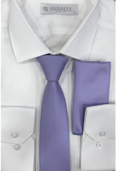 Quesste Armür Dokumalı Noktalı Mendilli İnce Kravat 6 cm