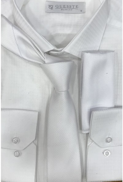 Quesste Armür Dokumalı Noktalı Mendilli İnce Kravat 6 cm