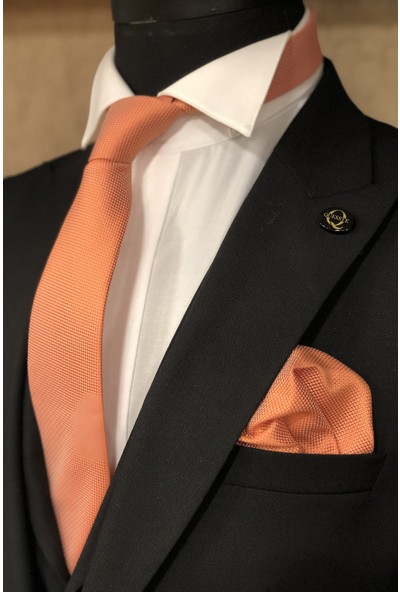 Quesste Oranj Armür Dokumalı Noktalı Mendilli Kravat