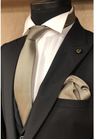 Quesste Bej Armür Dokumalı Noktalı Mendilli Kravat