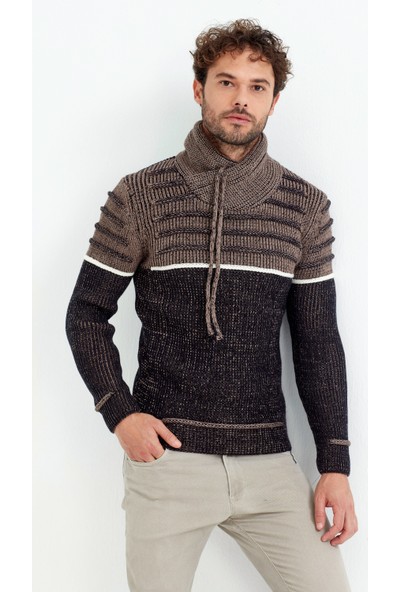 Tarz Cool Şal Yaka Gögüs Çizgili Triko Kazak