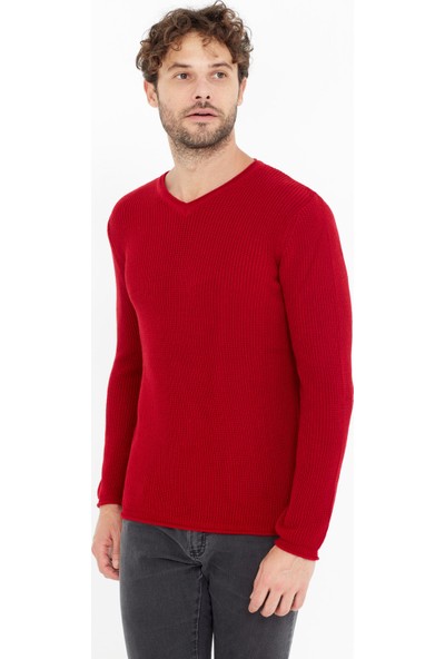 Tarz Cool Kırmızı V Yaka Triko Kazak