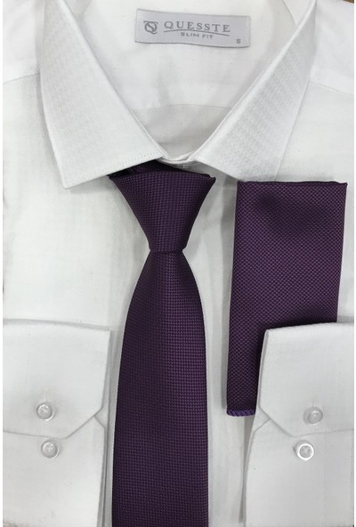 Quesste Armür Dokumalı Noktalı Mendilli Ince Kravat 6 cm