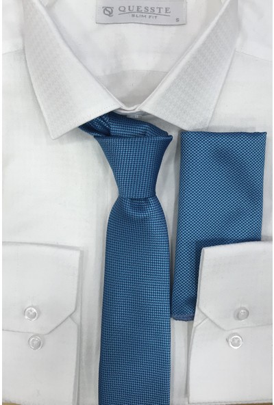 Quesste Armür Dokumalı Noktalı Mendilli Ince Kravat 6 cm