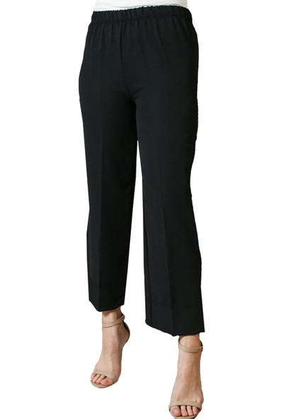 The Pantolon Duble Paça Beli Lastikli Rahat Siyah Kadın Pantolon