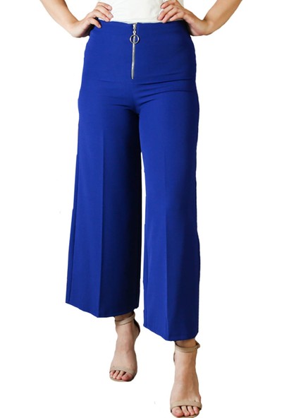 The Pantolon Geniş Paça Önden Fermuarlı Mavi Renk Kadın Pantolon
