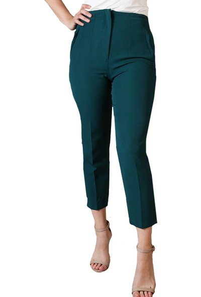 The Pantolon Biye Detaylı Koyu Yeşil Klasik Kadın Havuç Pantolon