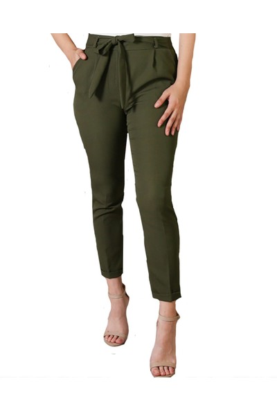 The Pantolon Yüksek Bel Arkası Lastikli Haki Renk Kadın Havuç Pantolon