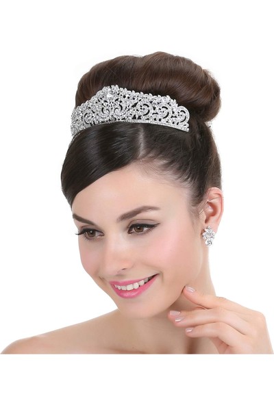 Bilderberg Mihrace Zirkon Taşlı Detaylı Gelin Tacı, Kına Tacı - Gümüş Rengi T0008