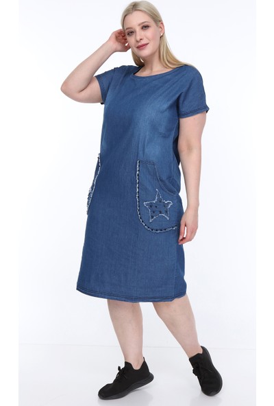 1fazlası Kadın Büyük Beden Cepli Taş Işlemeli Kot Elbise 1fazlası Kadın Büyük Beden Cepli Taş Işlemeli Kot Elbise