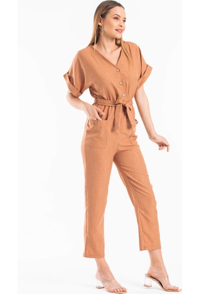 Mossta Kuşaklı Keten Tulum Taba