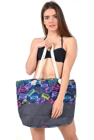 Mossta Kaset Desenli Bez Plaj Çantası Antrasit Mossta Kaset Desenli Bez Plaj Çantası Antrasit