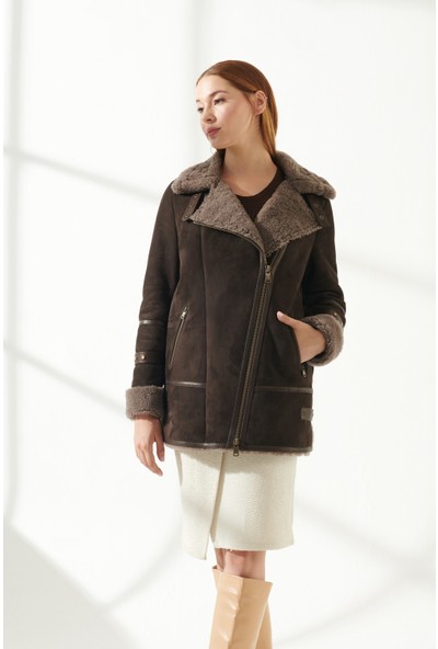 Black Noble Angel Kadın Spor Kahverengi Kürklü Deri Ceket