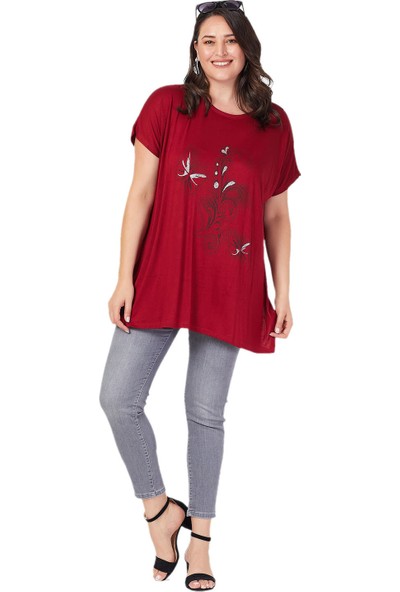 Büyük Beden Bordo Salaş Kelebek Detaylı T-Shirt