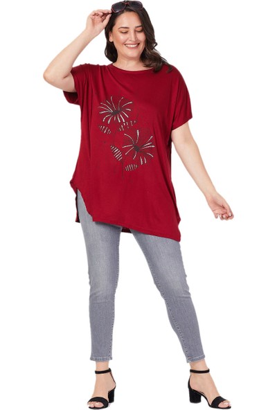 Büyük Beden Bordo Salaş Sümbül Çiçek Baskılı T-Shirt