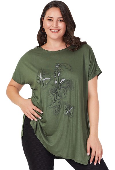 Büyük Beden Haki Yeşili Salaş Kelebek Detaylı T-Shirt
