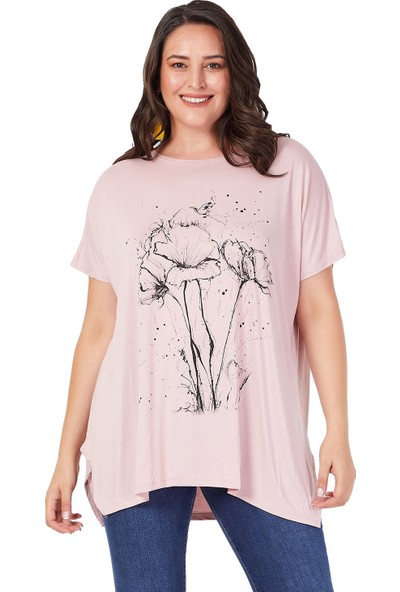 Büyük Beden Pudra Salaş Deste Çiçek Baskılı T-Shirt Büyük Beden Pudra Salaş Deste Çiçek Baskılı T-Shirt