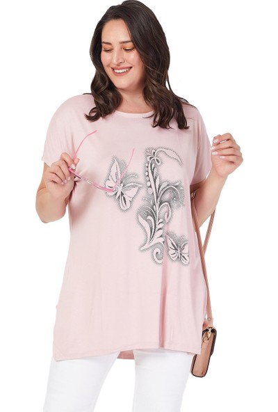 Büyük Beden Pudra Salaş Kelebek Detaylı T-Shirt