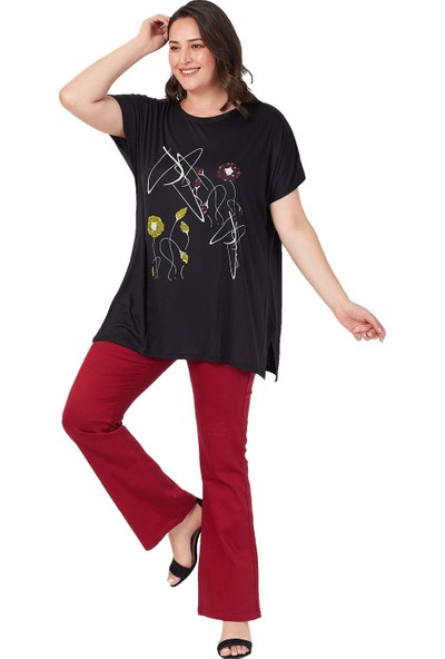 Büyük Beden Siyah Salaş Çiçek Baskılı T-Shirt