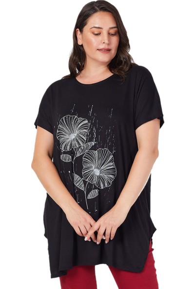 Büyük Beden Siyah Salaş Sümbül Çiçek Baskılı T-Shirt