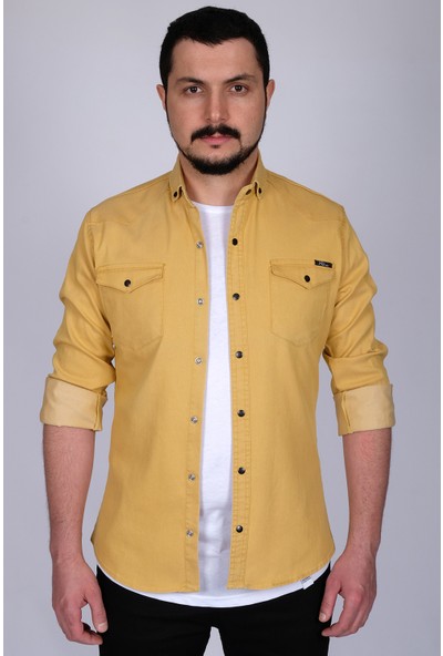 Slim Fit Erkek Kot Gömlek Sarı Slim Fit Erkek Kot Gömlek Sarı