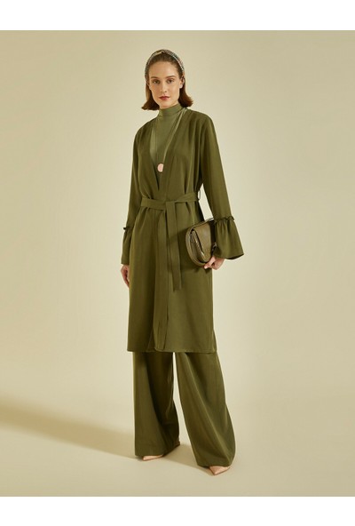 Koton Kadın V Yaka Kolları Volanlı Uzun Kollu Beli Bağlamalı Kimono