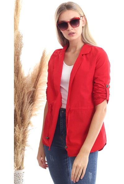 Cotton Mood 20342379 Viskon Beli Bağcıklı Uzun Kol Ceket Kırmızı