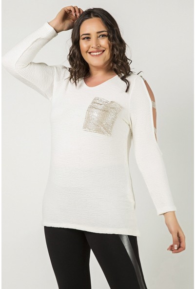 Womenice Beyaz Kolları Açık Dekolteli Bluz
