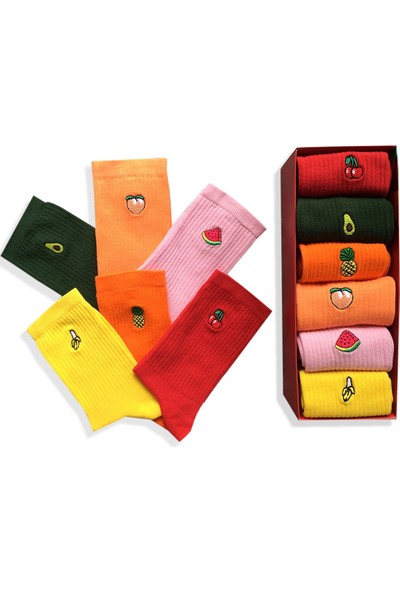 Socks Stations 6'lı Meyveli Nakışlı Çorap Kutusu