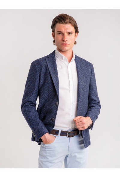 Dufy Lacivert Desenli Yün Karışımlı Erkek Ceket - Slim Fit