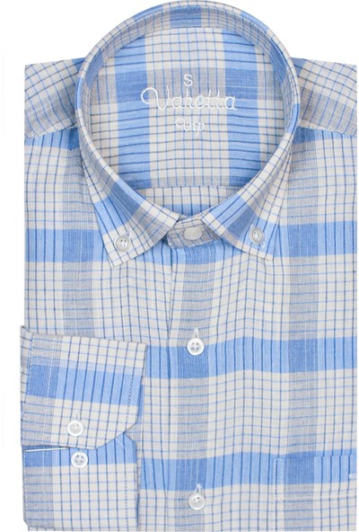 Varetta Klasik Kesim Düğmeli Yaka Cepli Mavi Kareli Erkek Gömlek