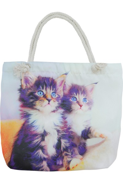 Full Reyon Plaj Çantası Fermuarlı Büyük Boy Sevimli Dostlar (Kediler)