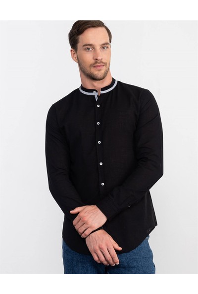 Tudors Slim Fit Hakim Yaka Siyah Keten Gömlek