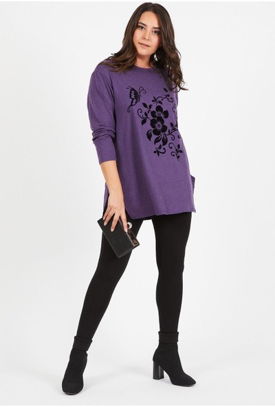 Siyezen Büyük Beden Mor Çiçek Baskılı Uzun Kol Yumoş Bluz