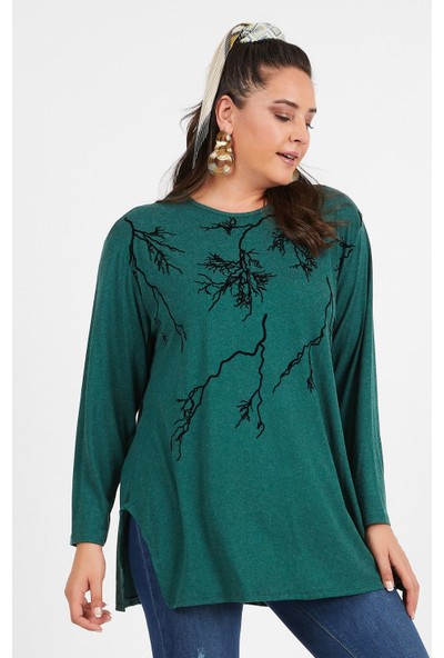 Siyezen Büyük Beden Yeşil Salaş Dal Baskılı Uzun Kol Bluz Siyezen Büyük Beden Yeşil Salaş Dal Baskılı Uzun Kol Bluz