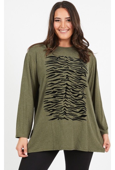 Siyezen Büyük Beden Haki Zebra Desenli Yumoş Bluz Siyezen Büyük Beden Haki Zebra Desenli Yumoş Bluz
