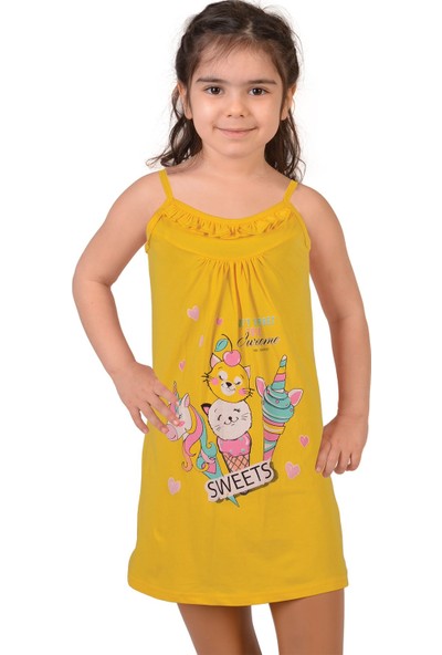 Nicoletta Sarı Kız Çocuk Tunik Gecelik İp Askılı Pamuk
