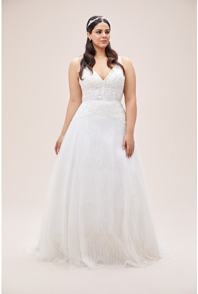 Oleg Cassini Askılı V Yaka Pırıltılı A Kesim Büyük Beden Gelinlik