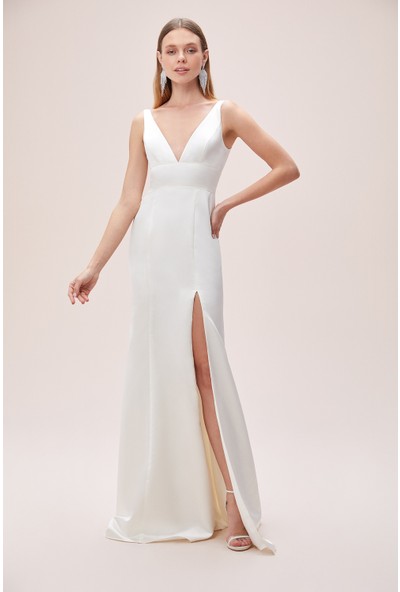 Oleg Cassini Kırık Beyaz V Yaka Yırtmaçlı Saten Abiye Gelinlik