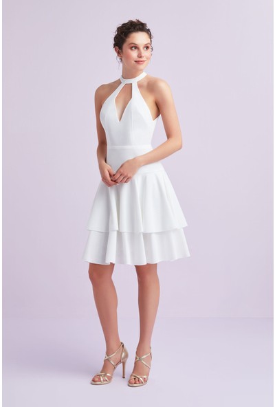 Oleg Cassini Beyaz Halter Yaka Krep Kısa Büyük Beden Nikah Elbisesi