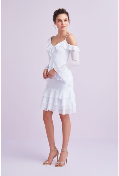 Oleg Cassini Beyaz Uzun Kollu Farbalalı Şifon Kısa Büyük Beden Nikah Elbisesi