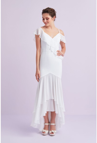 Oleg Cassini Beyaz Askılı Önü Kısa Arkası Uzun Şifon Büyük Beden Nikah Elbisesi