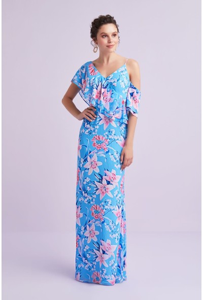 Oleg Cassini Mavi V Yaka Çiçekli Farbalalı Şifon Uzun Elbise