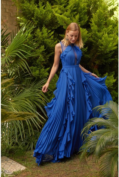 Oleg Cassini Parlament Mavisi Kolsuz Fırfırlı Şifon Uzun Elbise