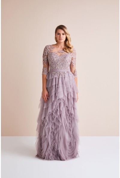 Oleg Cassini Lavanta Rengi Truvakar Kol Dantelli Büyük Beden Abiye